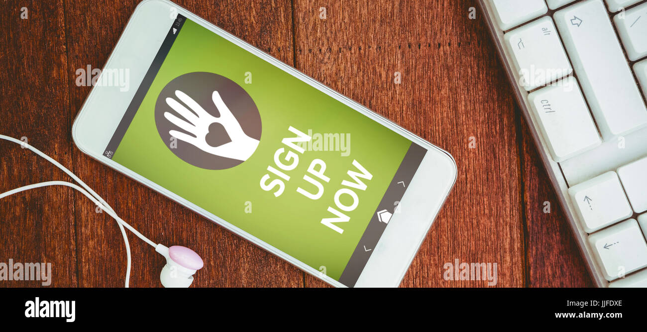 Vector image of Sign Up Now text with icons against white smartphone ...