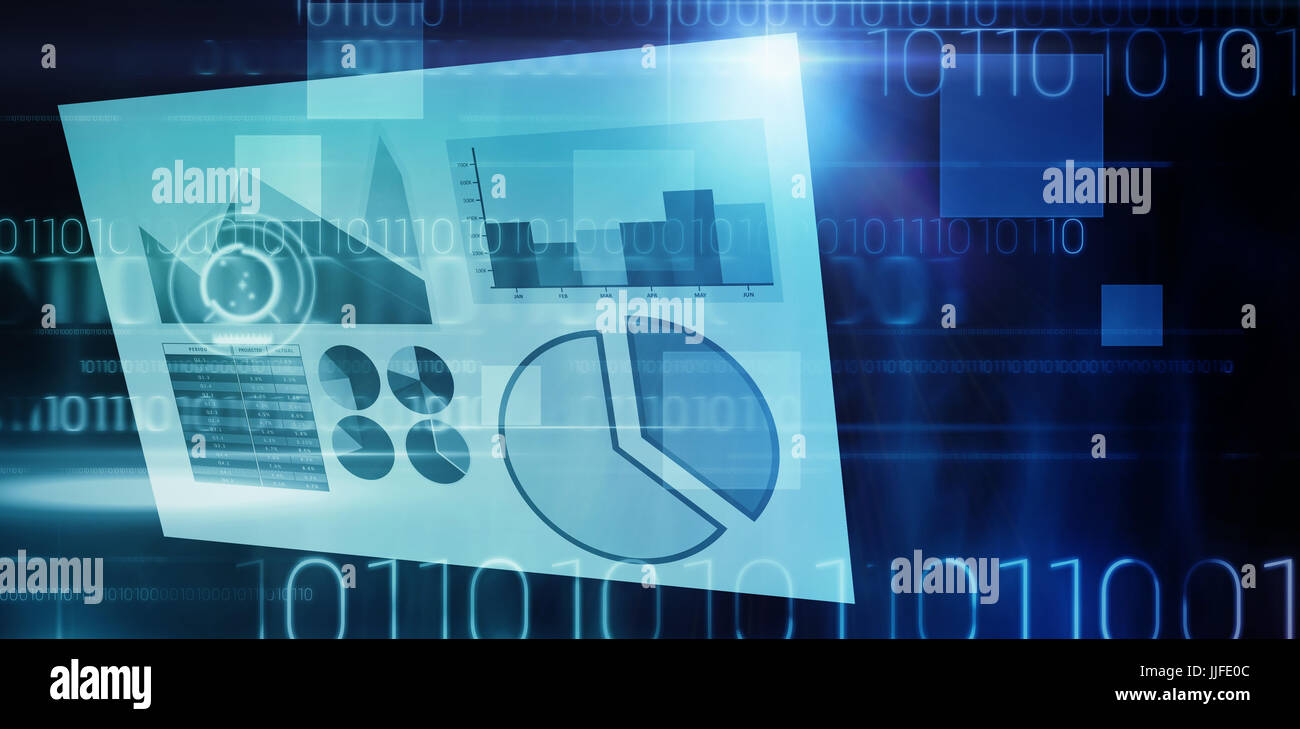 Blue graphics on white background against blue technology design with ...