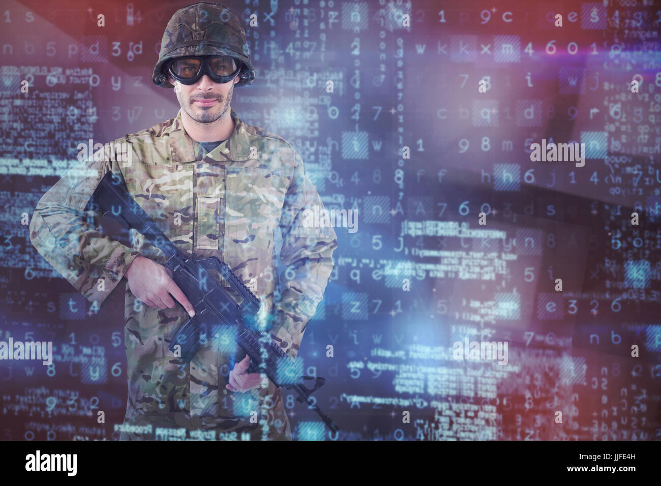 Portrait of soldier holding rifle against abstract black room Stock ...