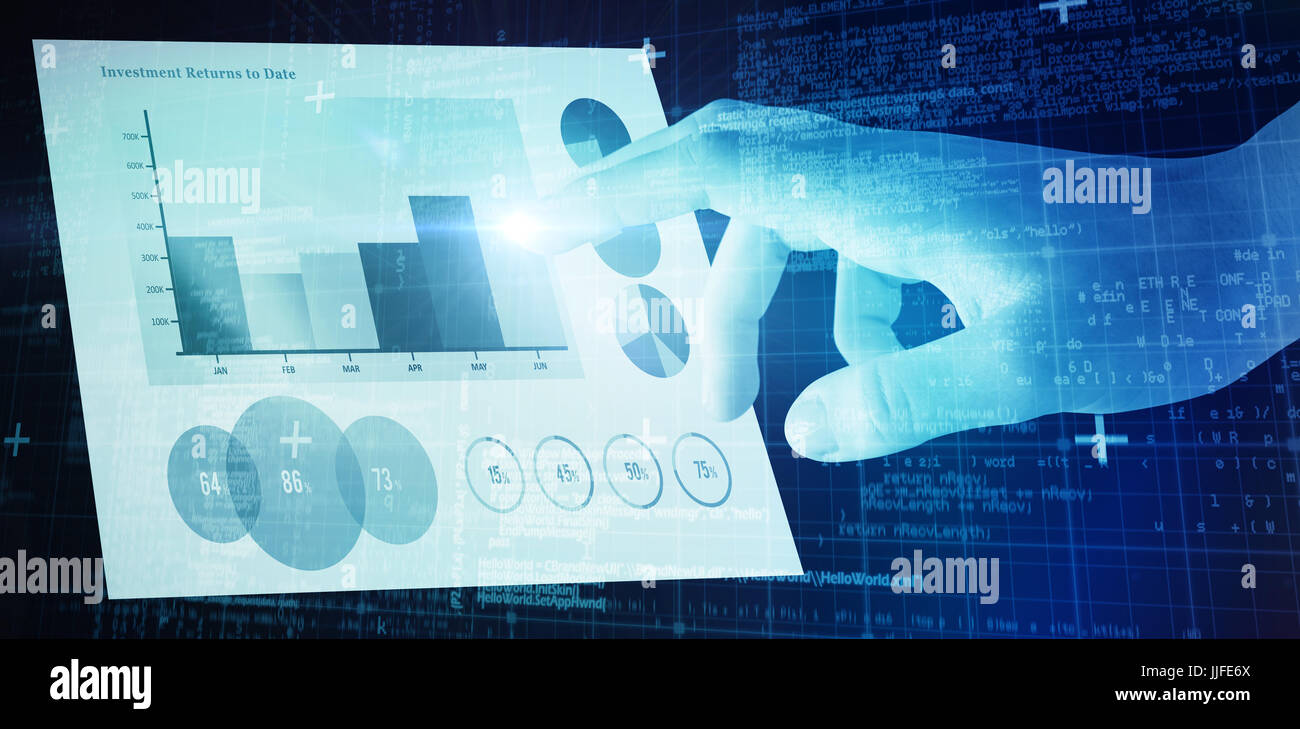 Cropped hand of woman against blue matrix and codes Stock Photo - Alamy