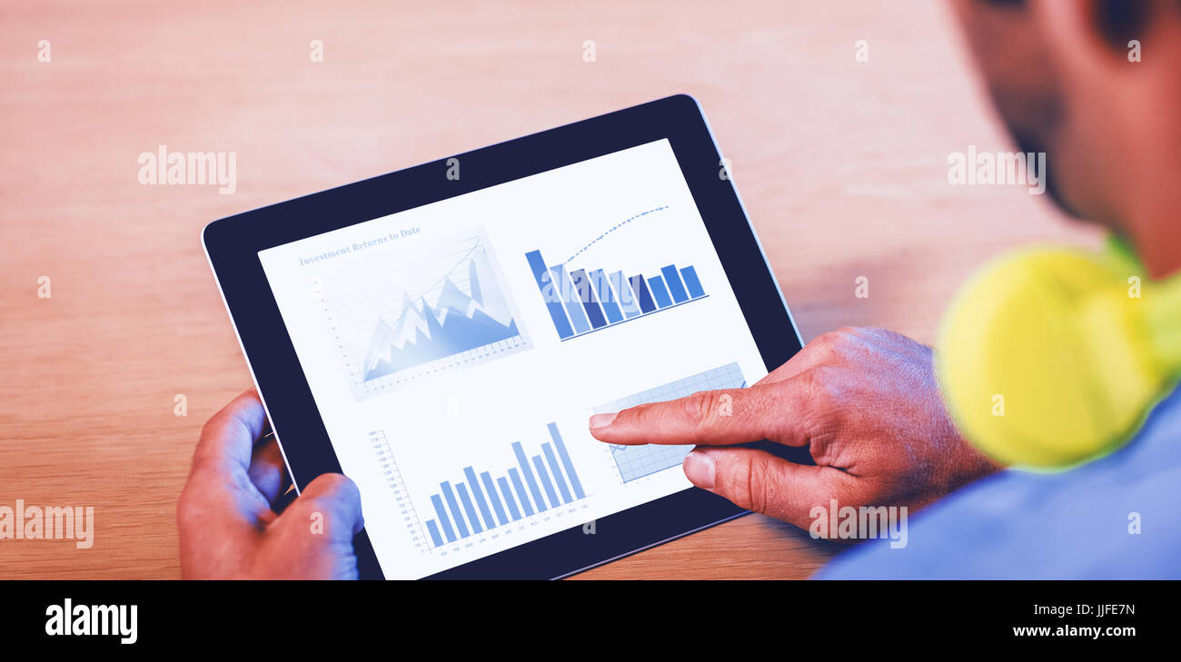 Blue graphics on white background against cropped image of man with ...