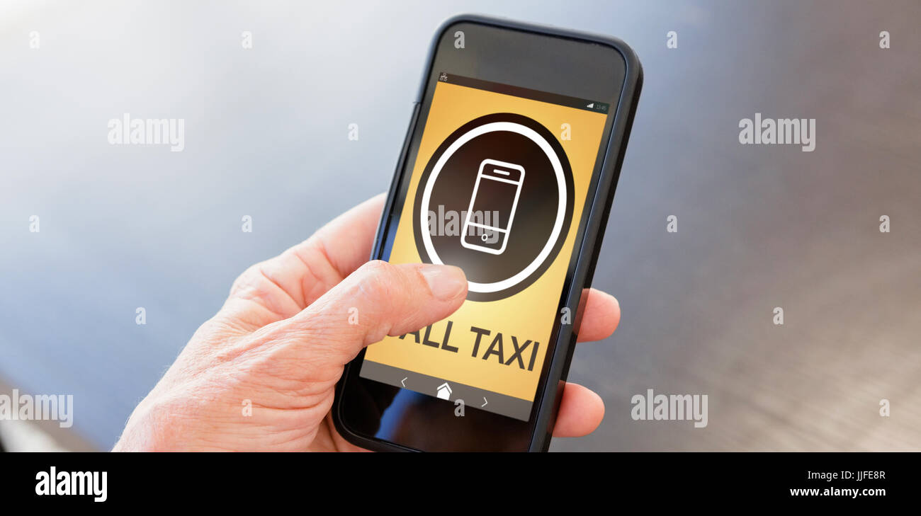 Vector image of call taxi text with mobile icon against cropped image ...