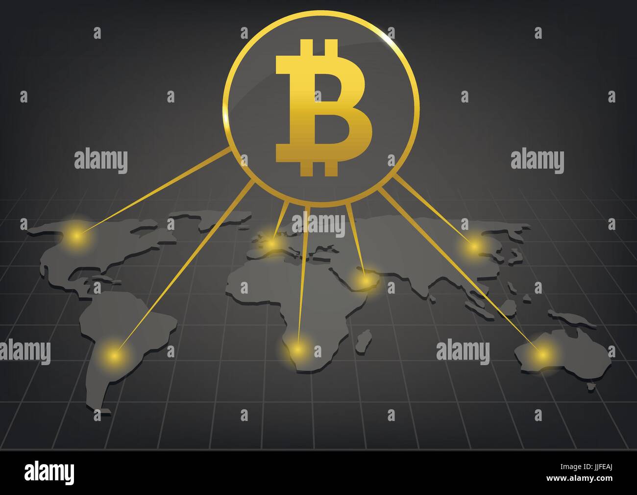 Golden Bitcoin signs on the World map. Bitcoin cryptocurrency digital payment system Stock ...