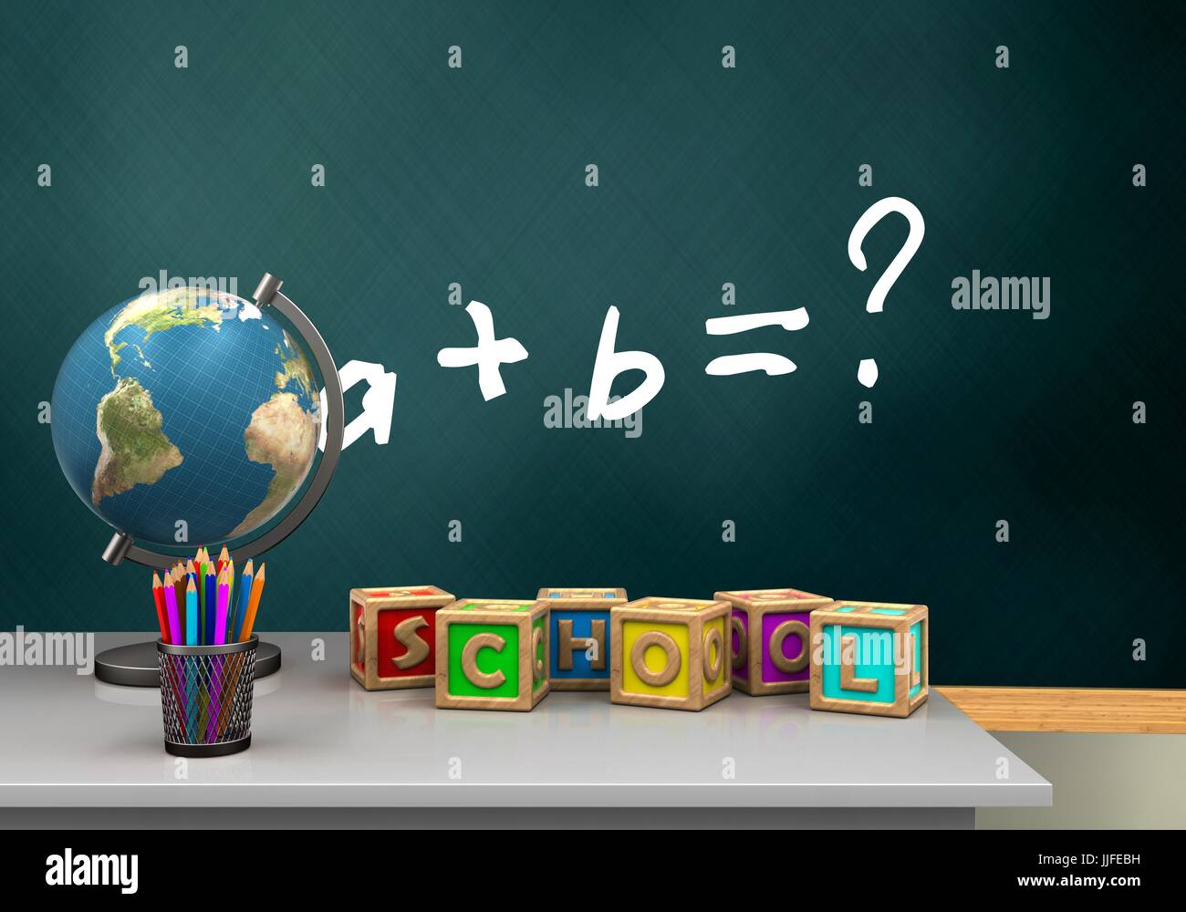 3d illustration of schoolboard with math exercise text and letters ...