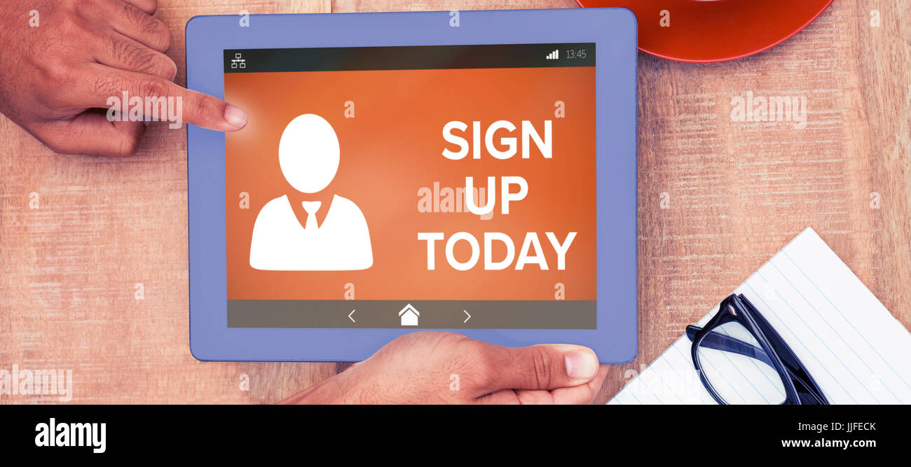 Sign Up Now text with human icon on brown screen against cropped image ...