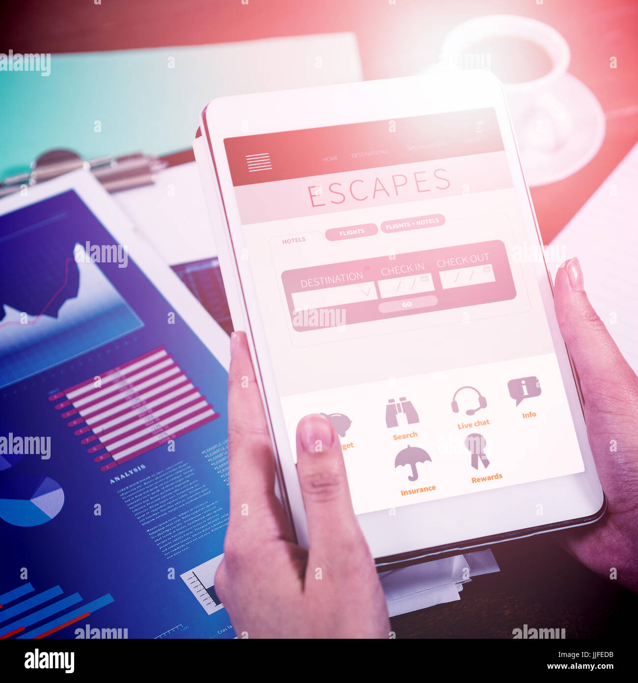 Holidays booking app against businesswoman using digital tablet with ...