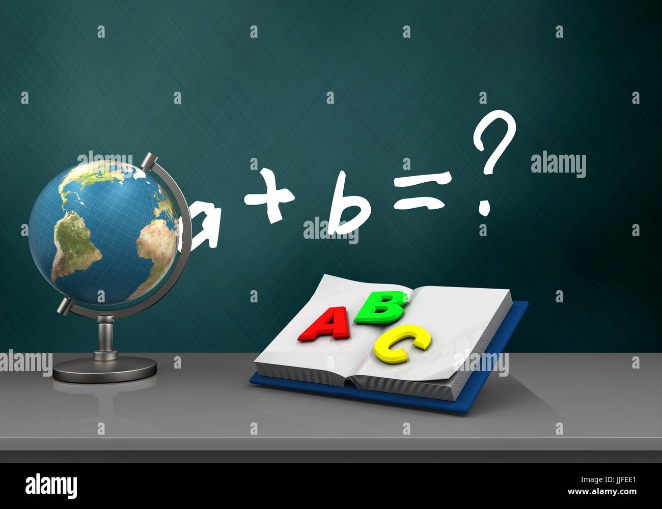 3d illustration of schoolboard with math exercise text and opened ...