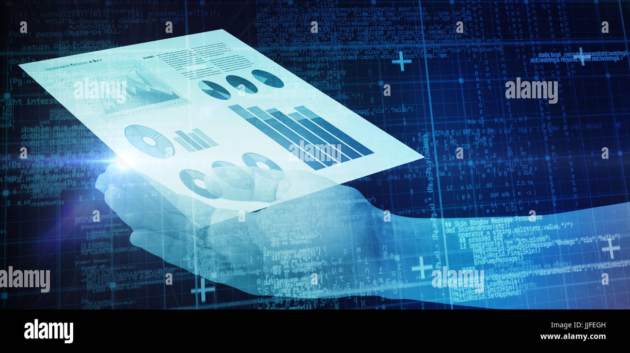 Cropped hand of woman offering against blue matrix and codes Stock ...