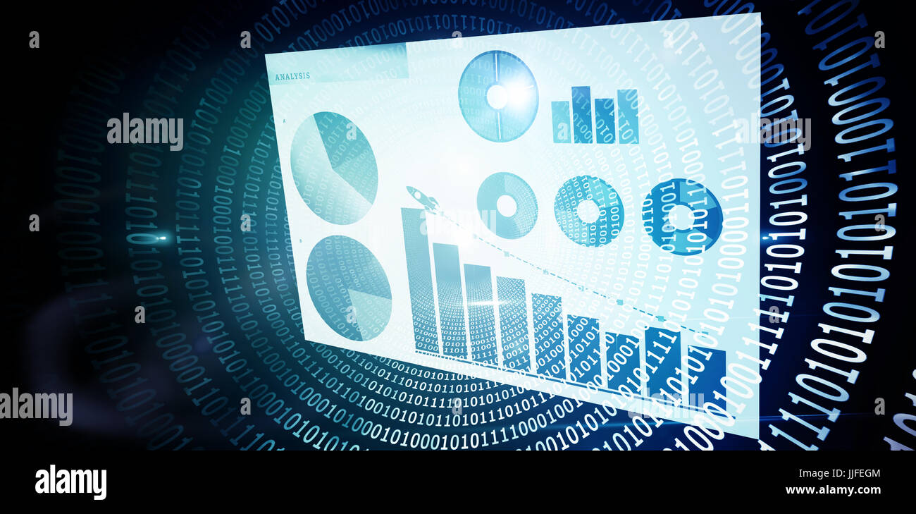 Blue graphics on white background against spiral of shiny binary code ...