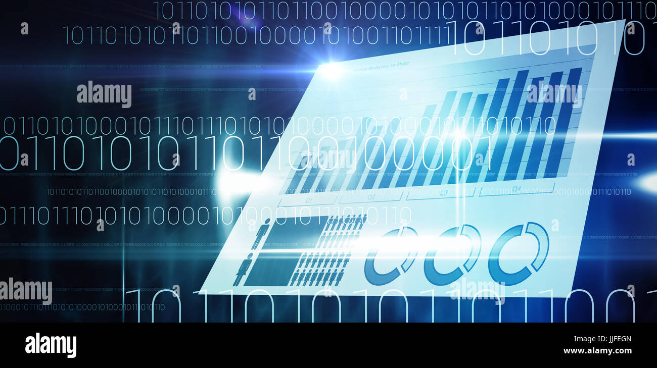 Blue graphics on white background against blue technology design with ...