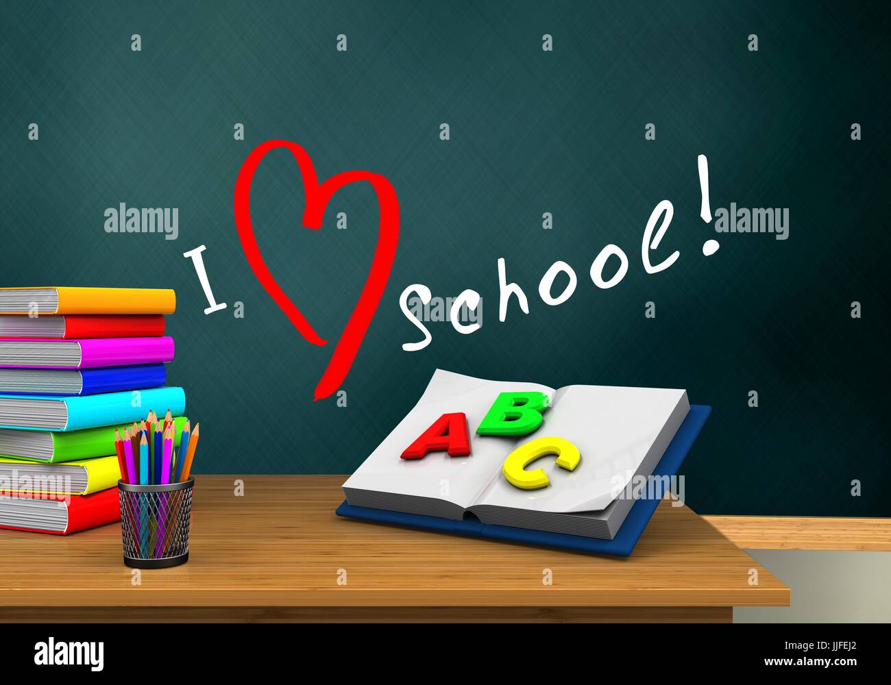 3d illustration of schoolboard with love school text and opened ...
