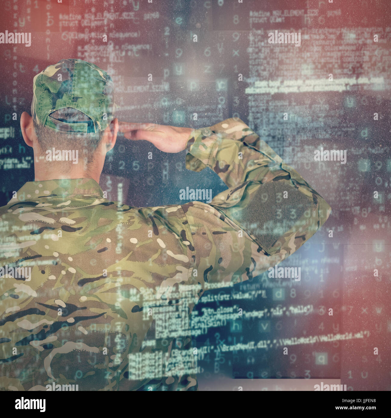 Rear view of soldier saluting against abstract black room Stock Photo ...