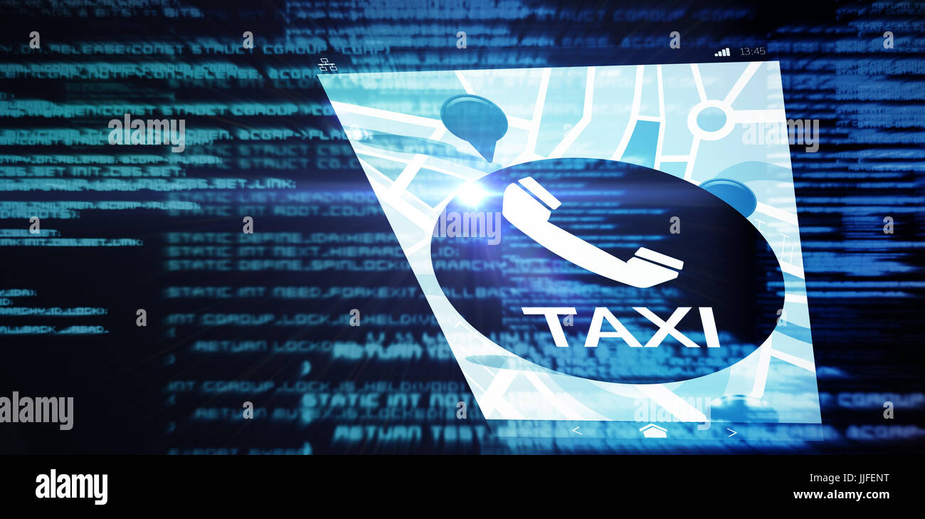 Illustration of Taxi text with telephone symbol against blue texts ...