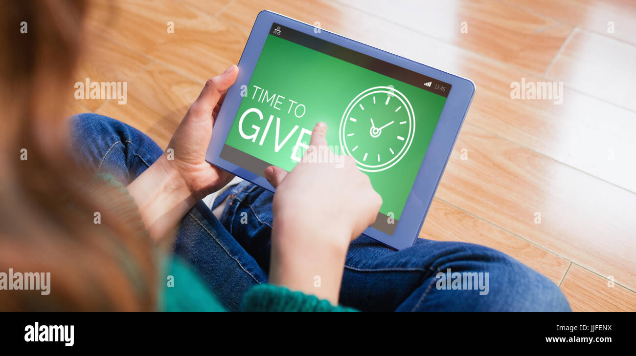 Time To Give text with clock icon on green screen against woman looking ...