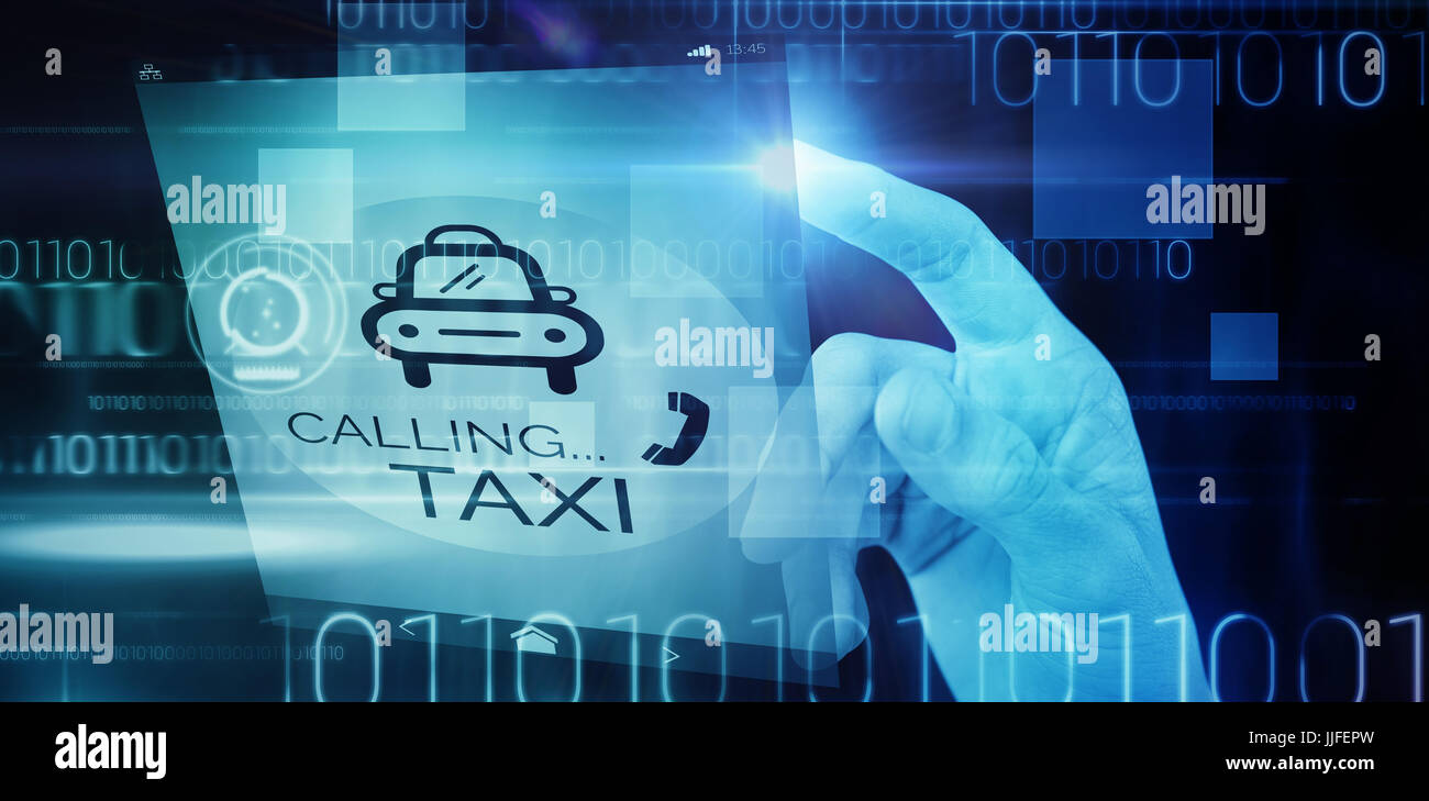 Cropped image of businessman pointing against blue technology design ...