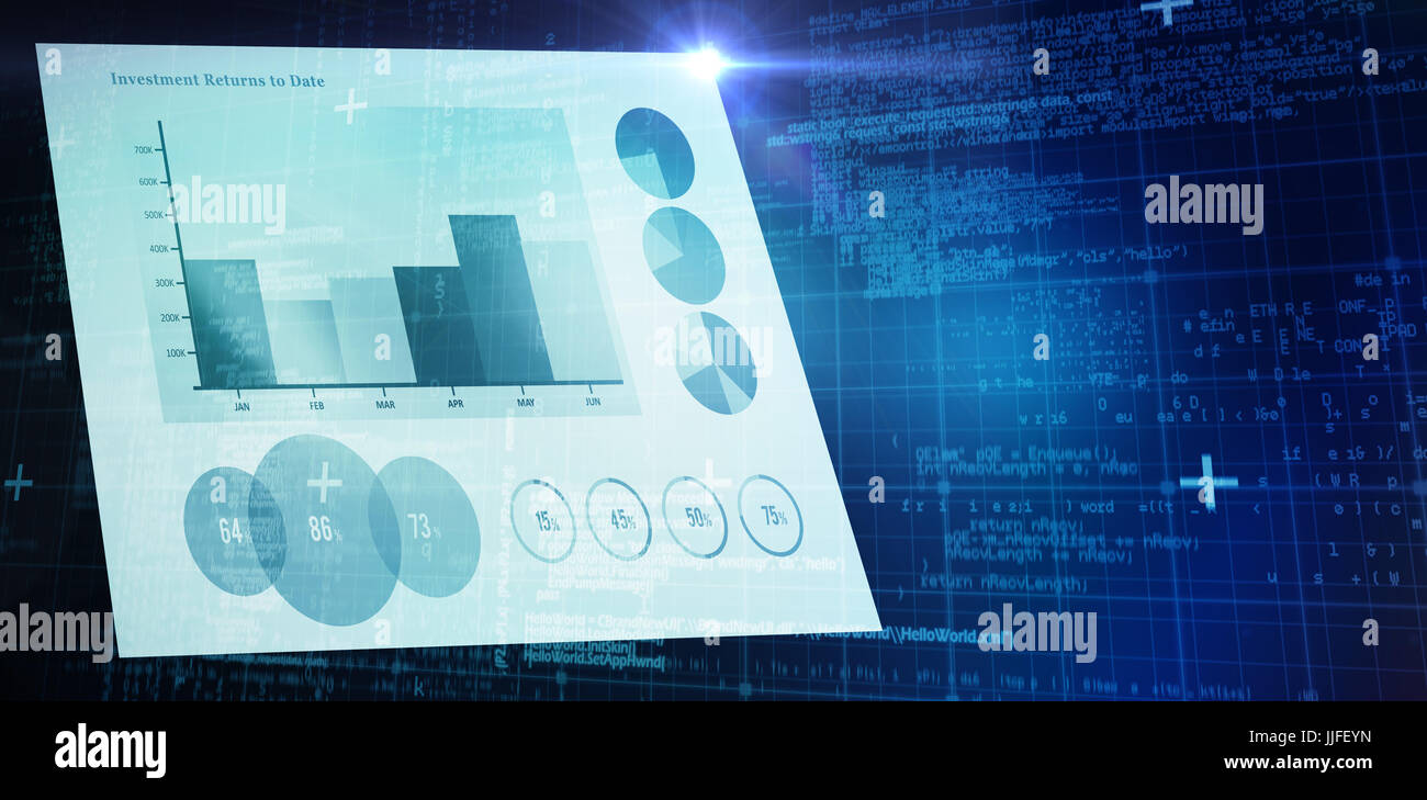 Blue matrix and codes against blue graphics on white background Stock ...