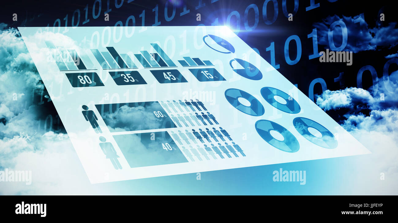 Blue graphics on white background against clouds around binary codes ...