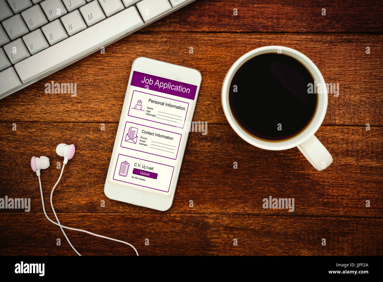 Informations for job application against view of a mug of coffee and a ...