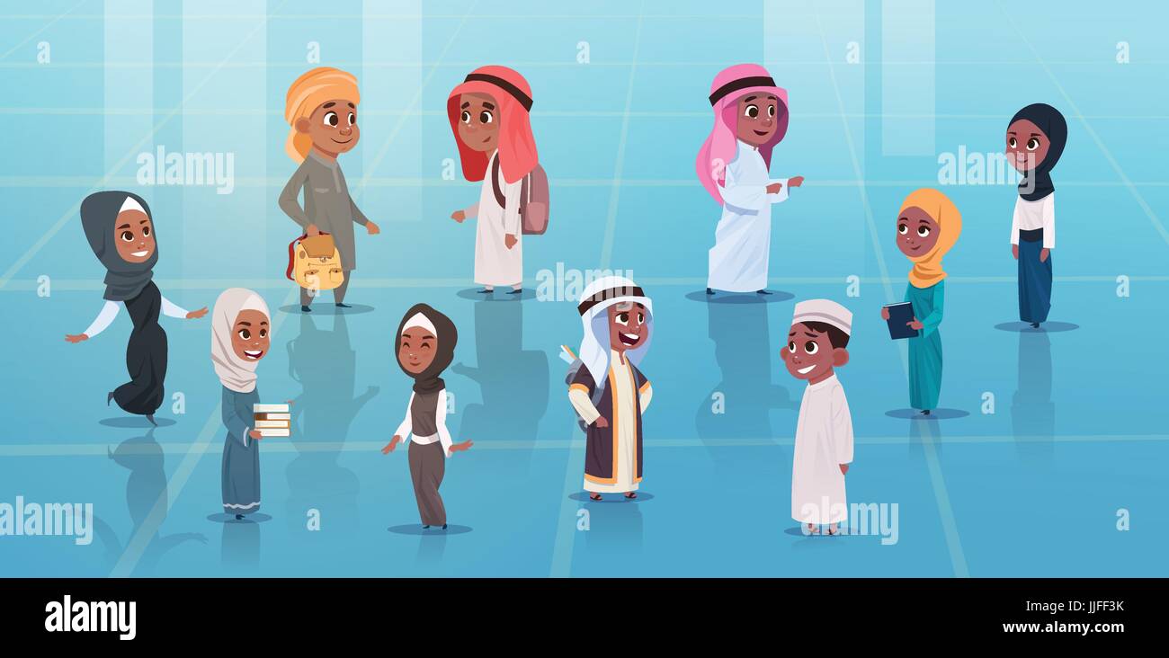 Arab Children Girls And Boys Set Small Cartoon Pupils Collection Muslim ...