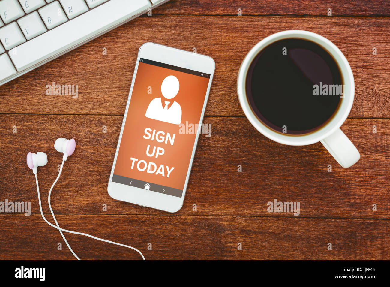 Vector image of Sign Up Now text with human icon against view of a mug ...