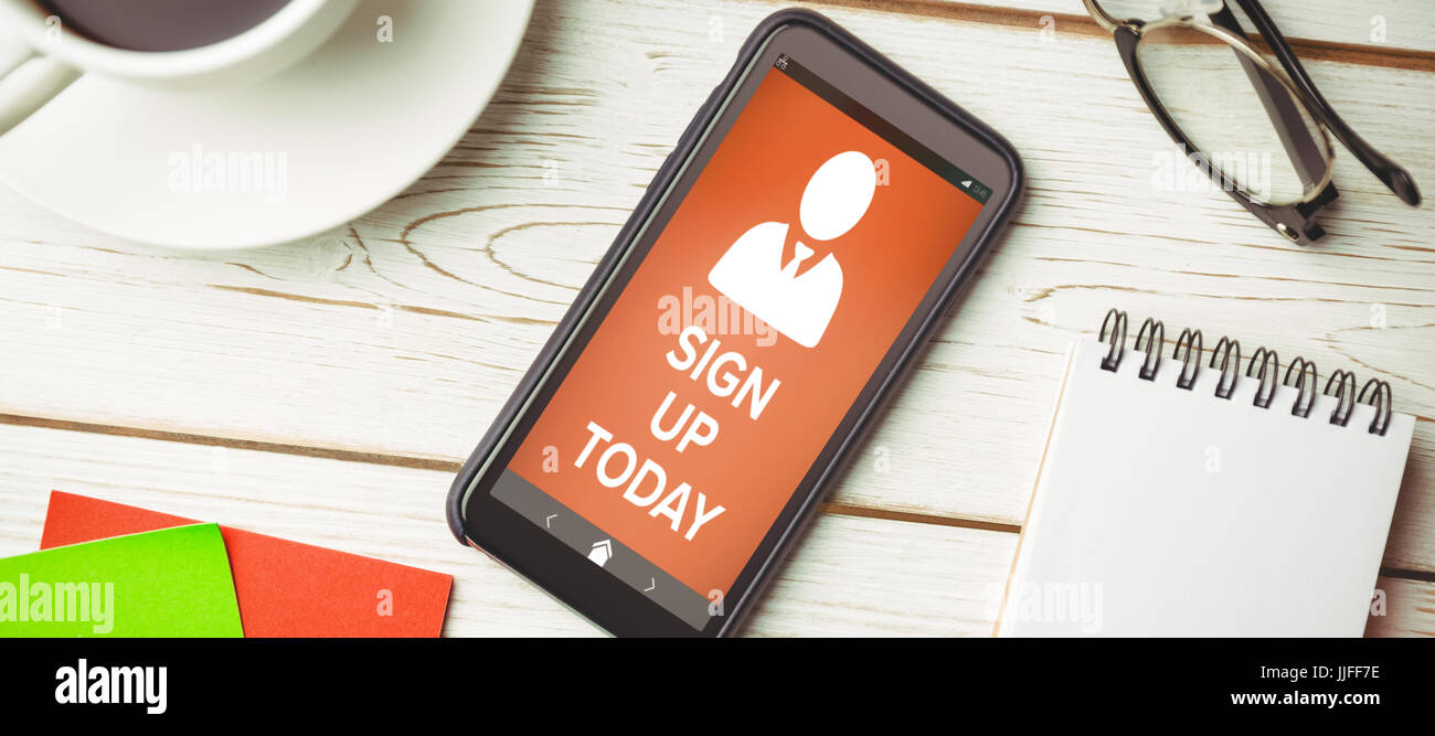 Vector image of Sign Up Now text with human icon against overhead view ...
