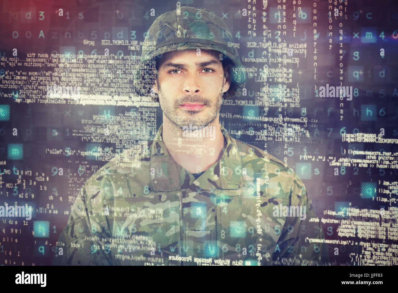 Soldier standing against white background against overhead view of ...
