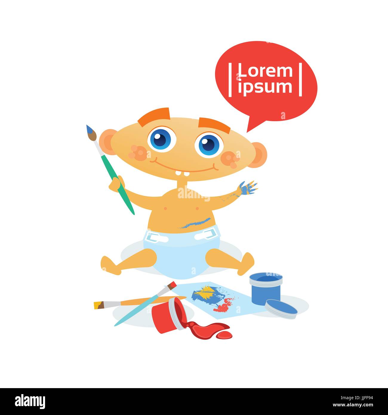 Cute Baby Boy Painting Toddler Happy Cartoon Infant In Diaper Stock ...