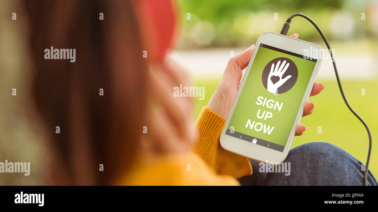 Vector image of Sign Up Now text with icons against woman listening to ...