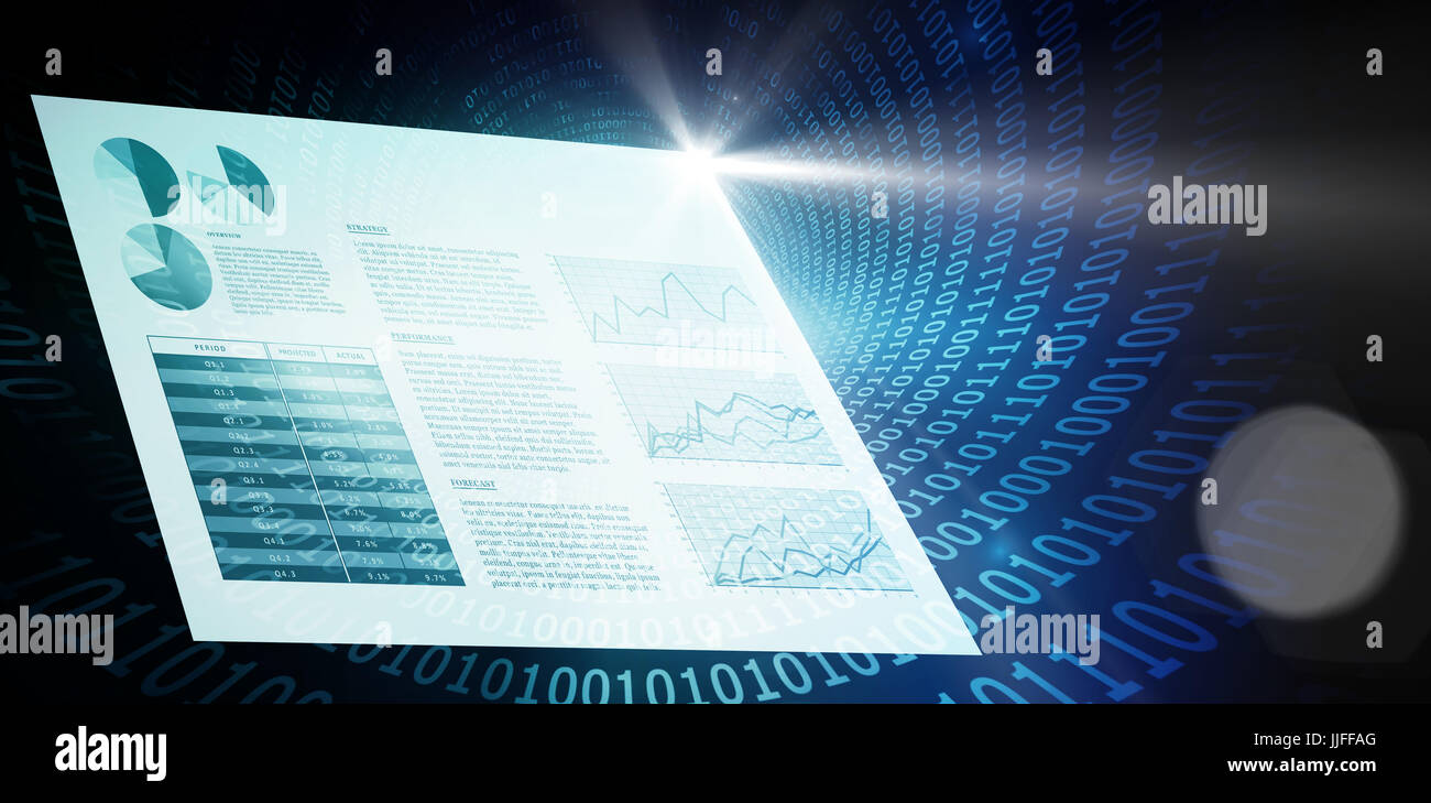 Blue graphics on white background against spiral of shiny binary code ...