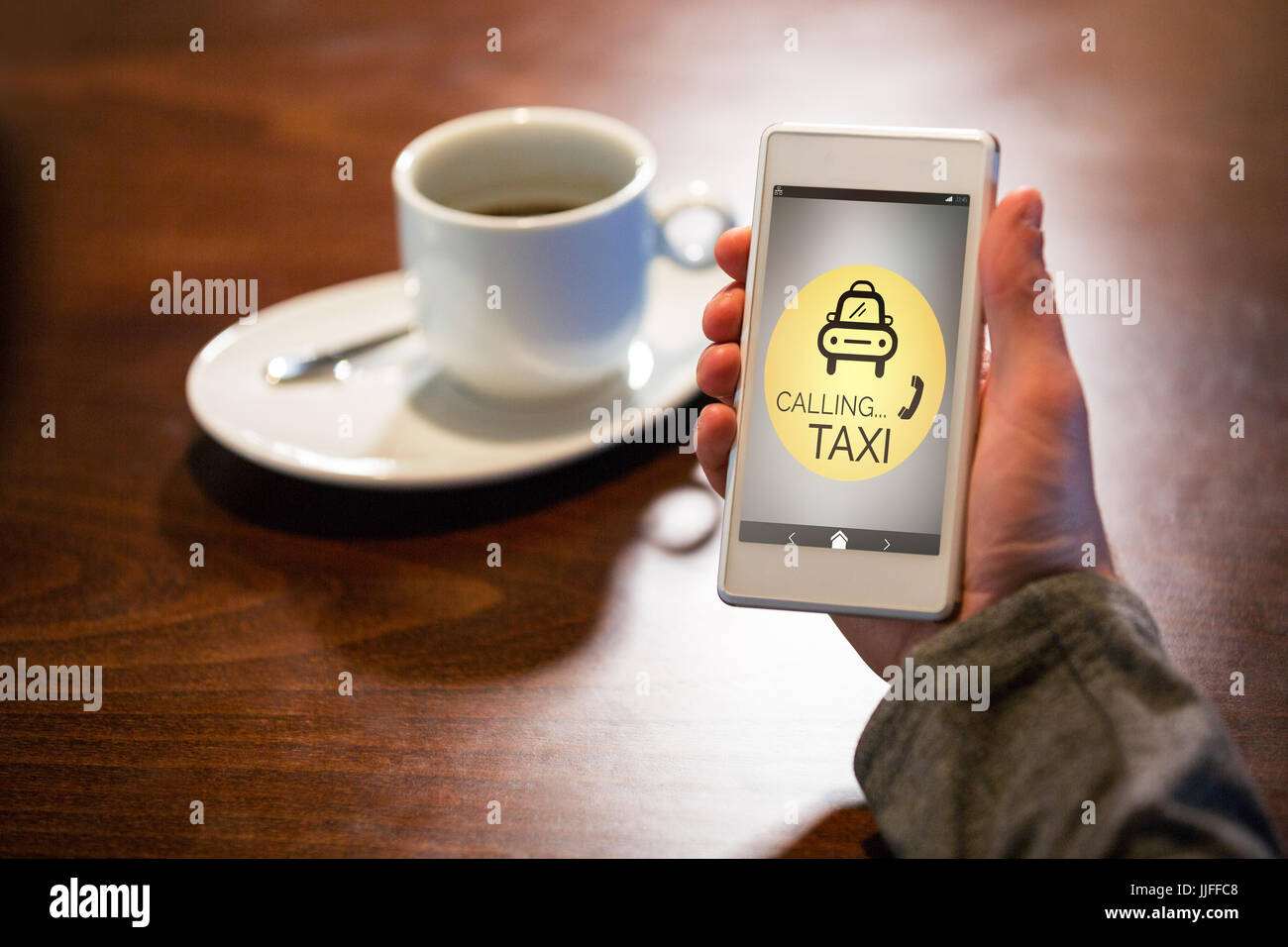 Vector image of Taxi calling text with icon against hand holding mobile ...