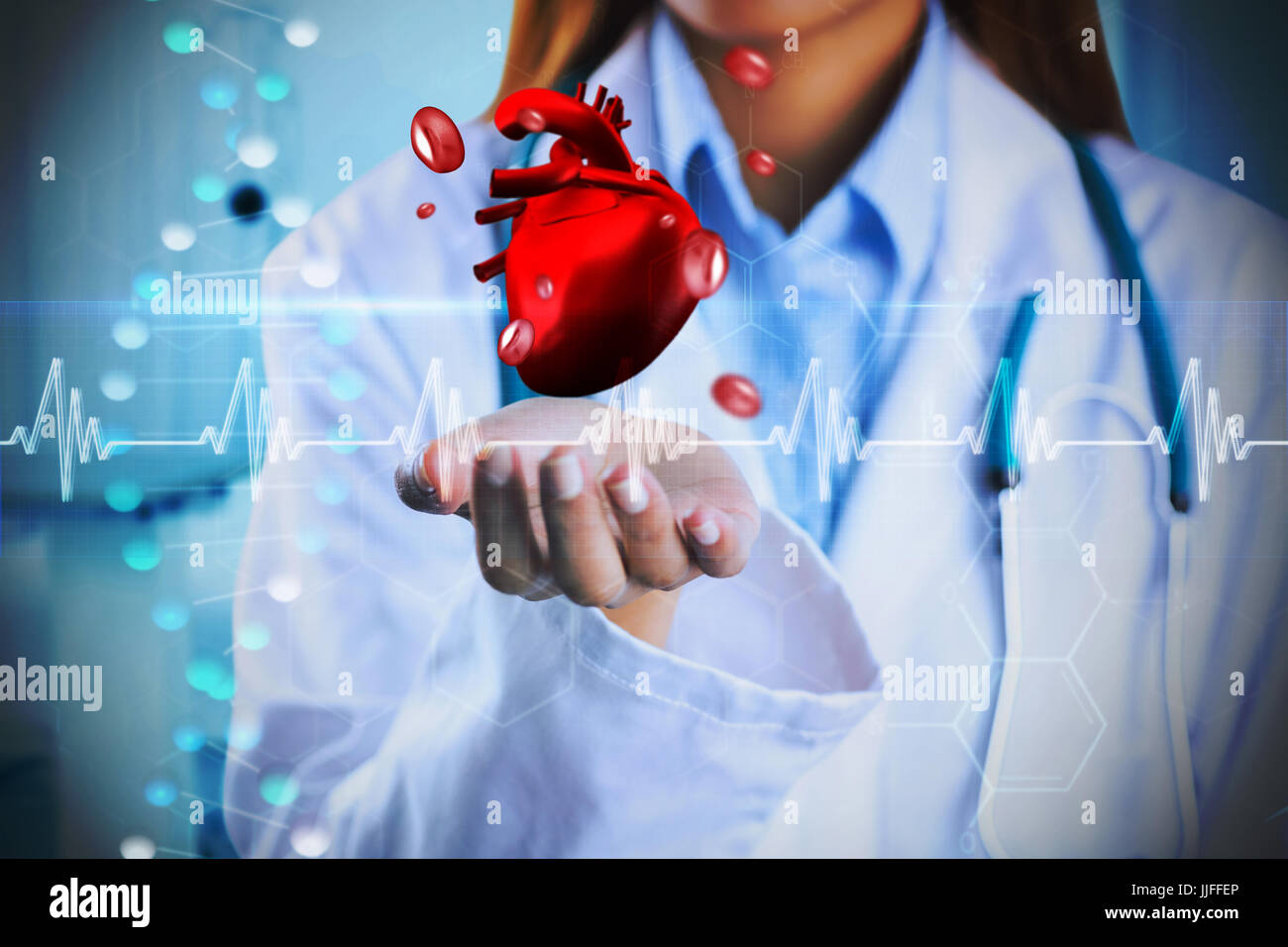 Mid section of female doctor against blue dna strand with ecg line ...
