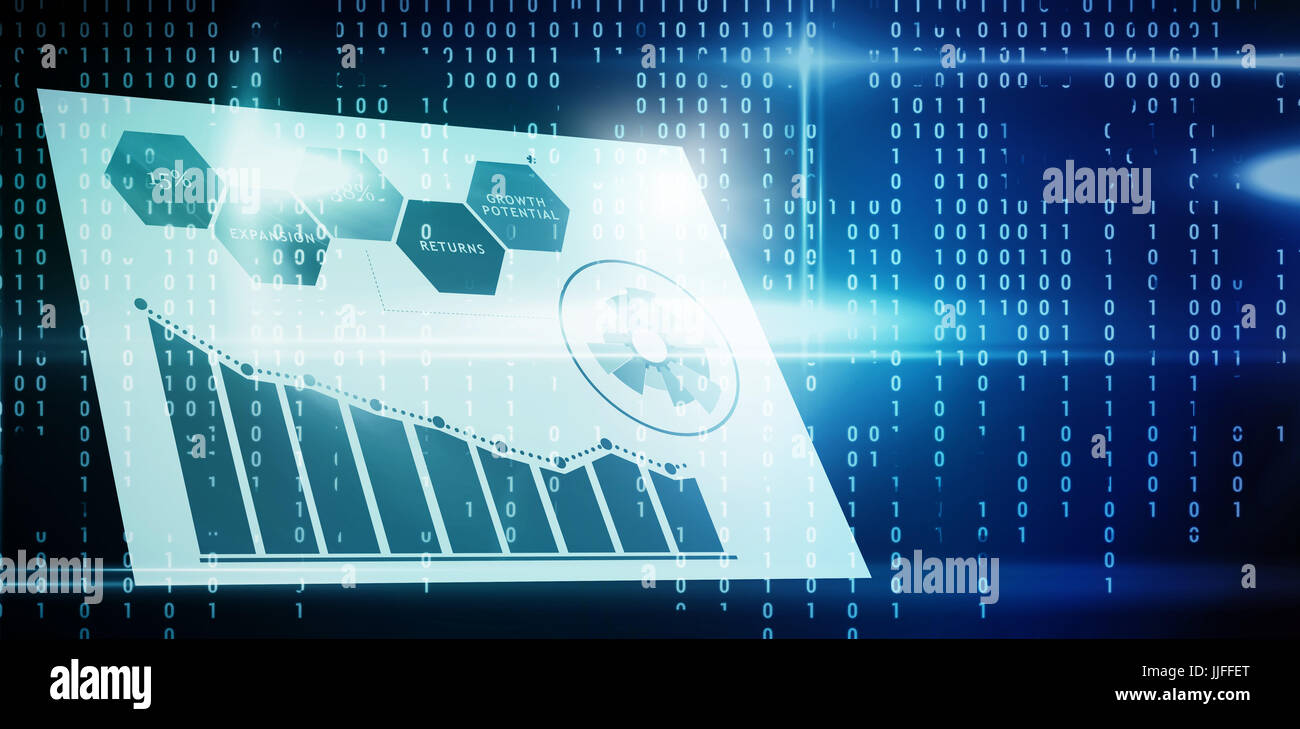 Blue graphics on white background against blue technology interface ...