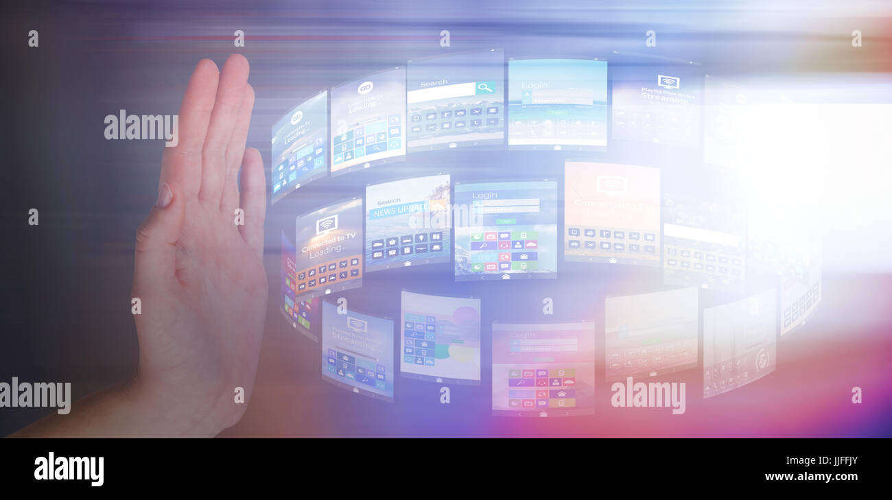 Cropped hand gesturing against view of office corridor and workspace ...