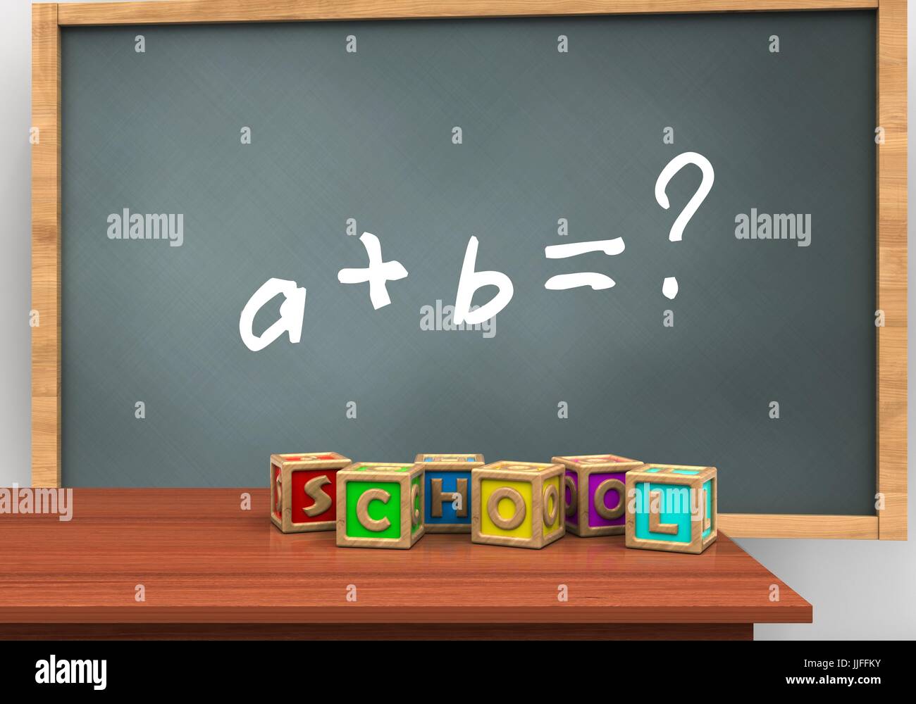3d illustration of chalkboard with math exercise text and letters cubes ...
