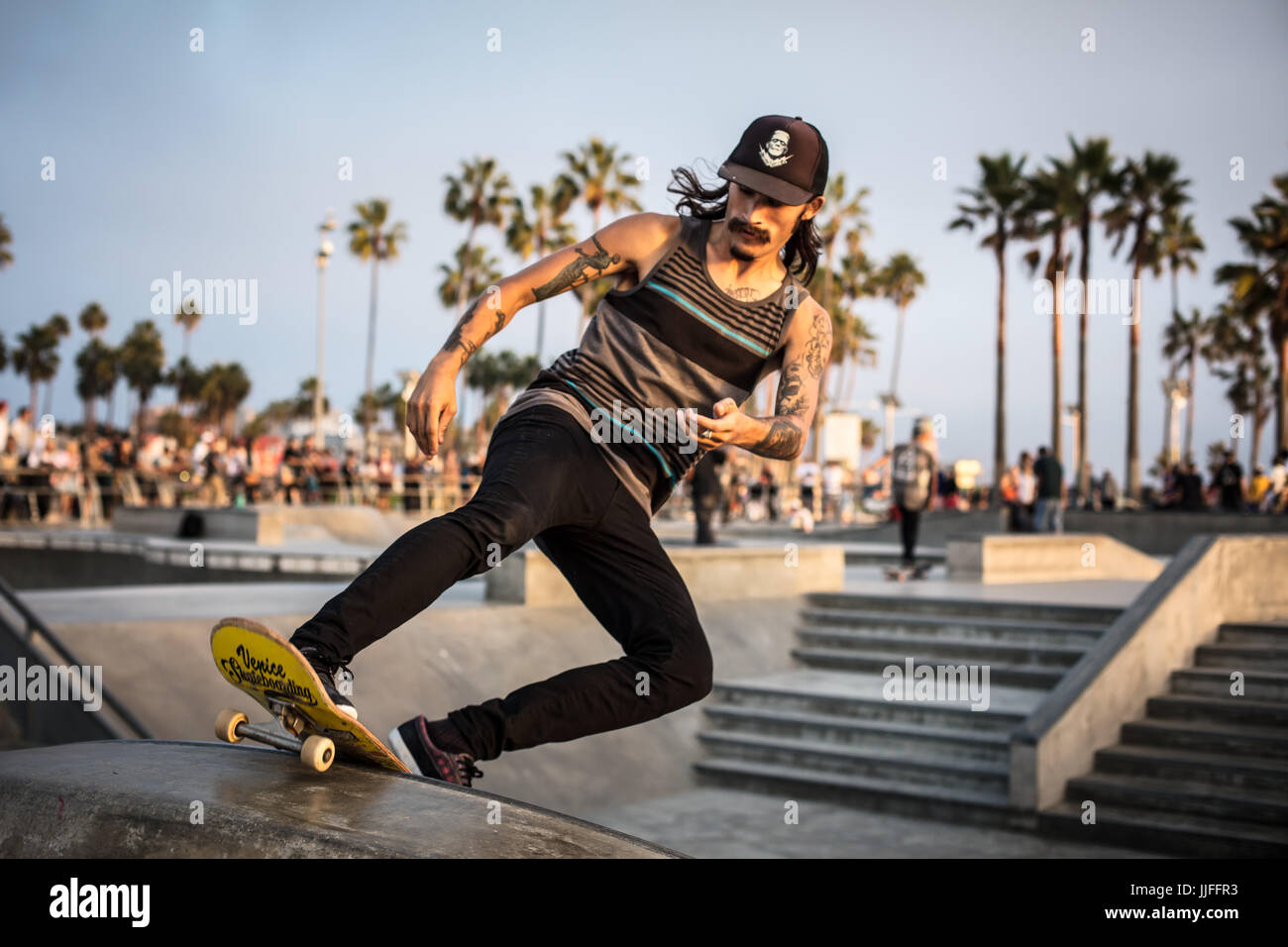 A skateboarder in action at Venice Beach Skate Park in Los Angeles ...