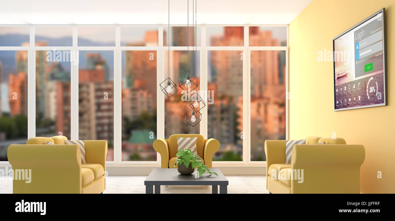 Digitally generated image of login window and text with various icons ...