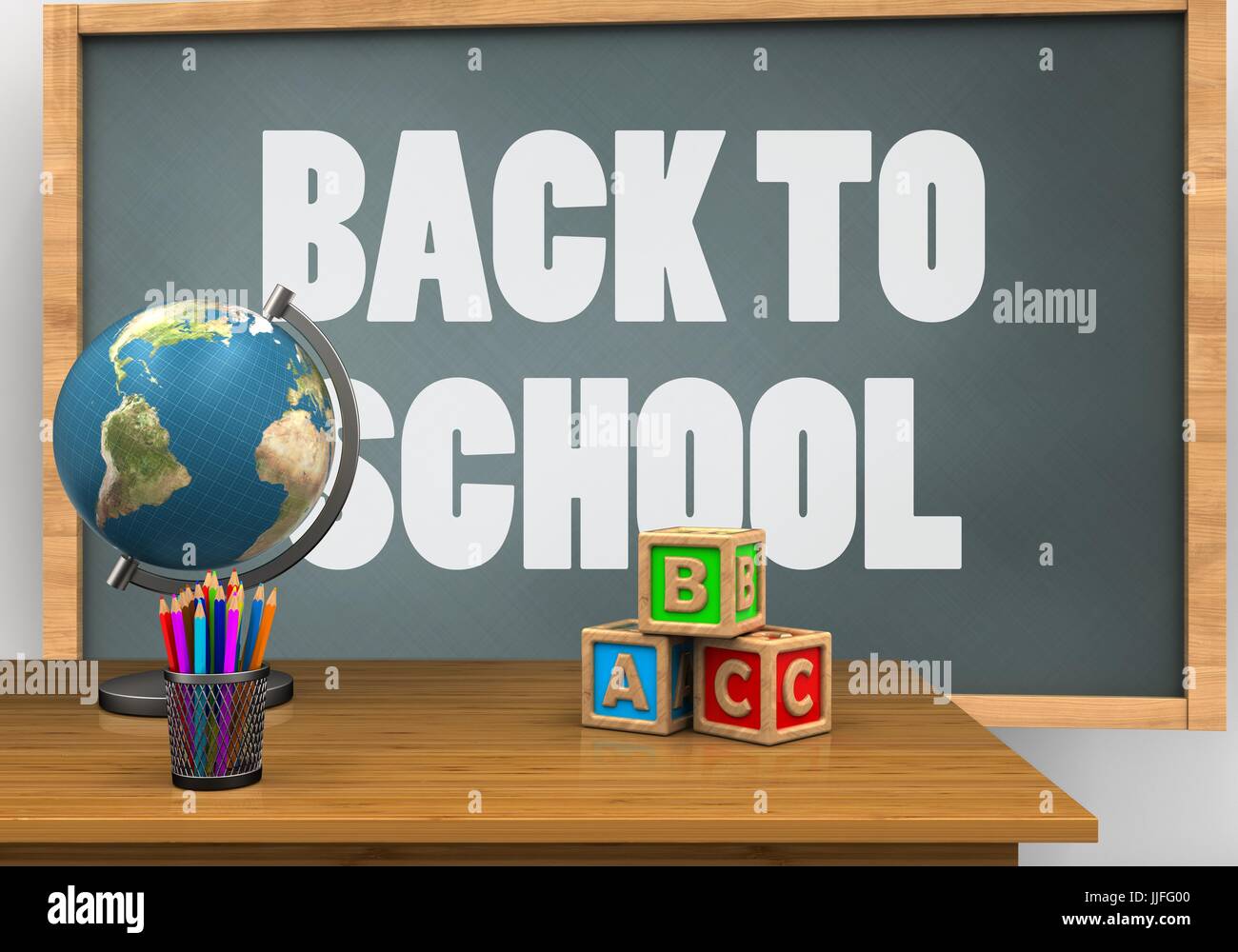 3d illustration of chalkboard with back to school text and abc cubes ...