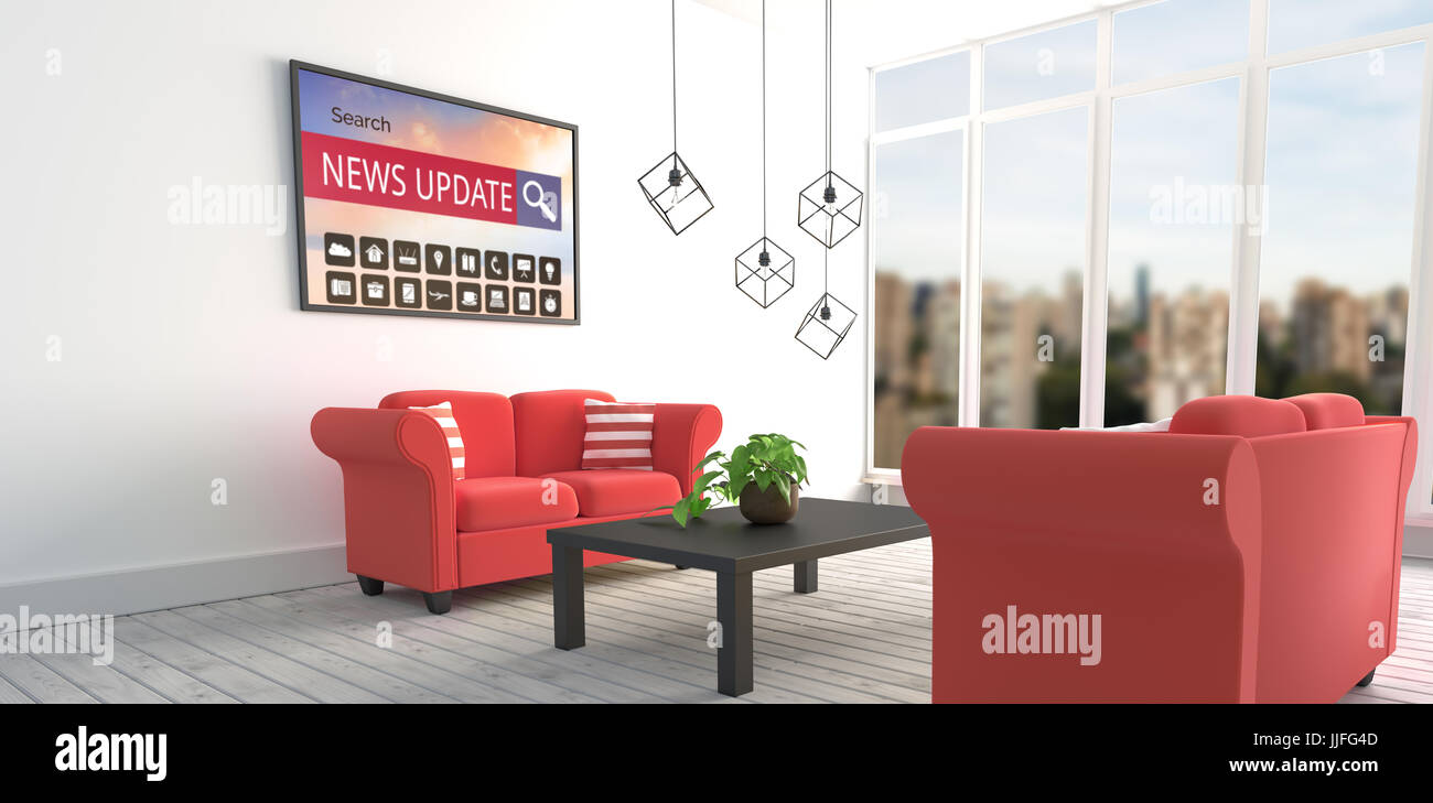 Various computer icons with search bar on device screen against red ...