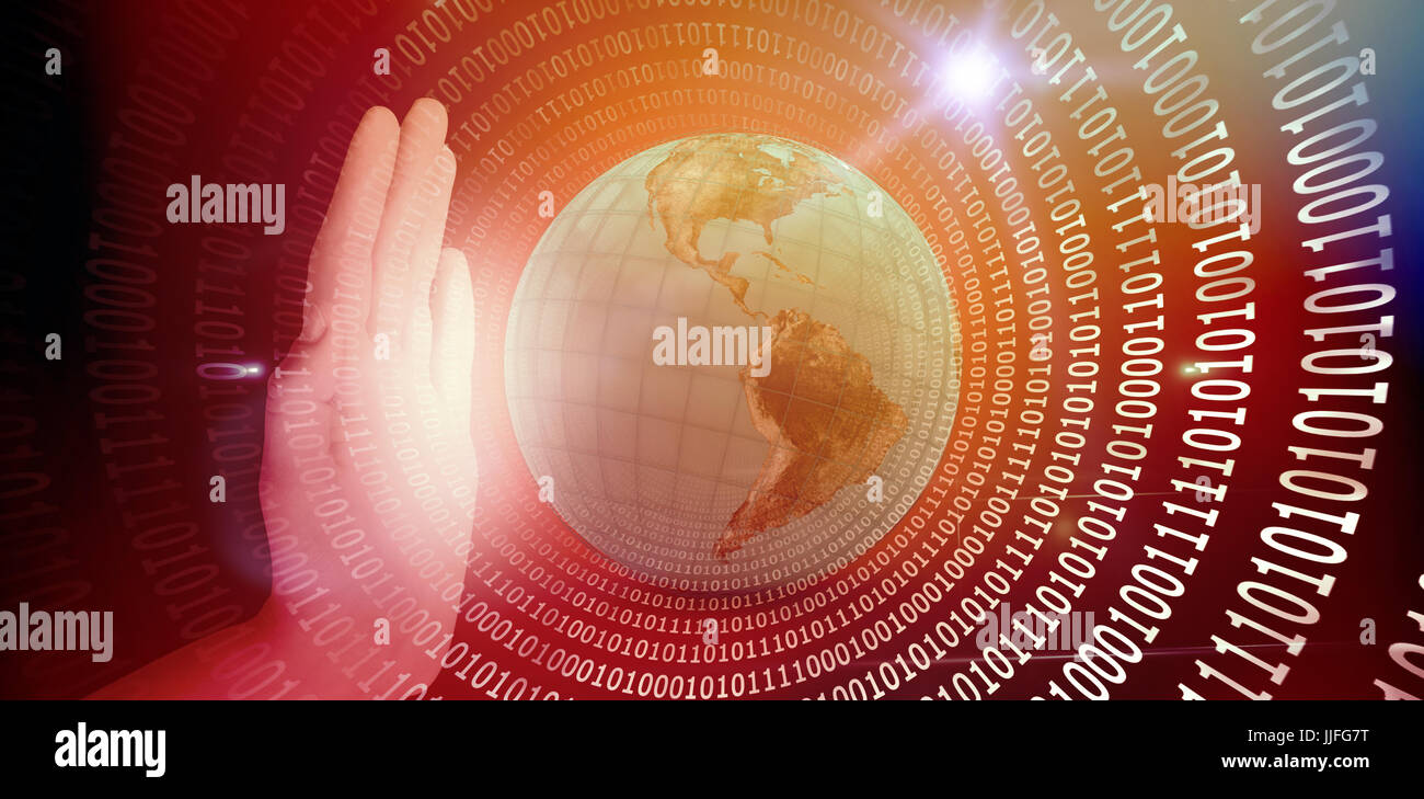 Cropped hand gesturing against spiral of shiny binary code Stock Photo ...