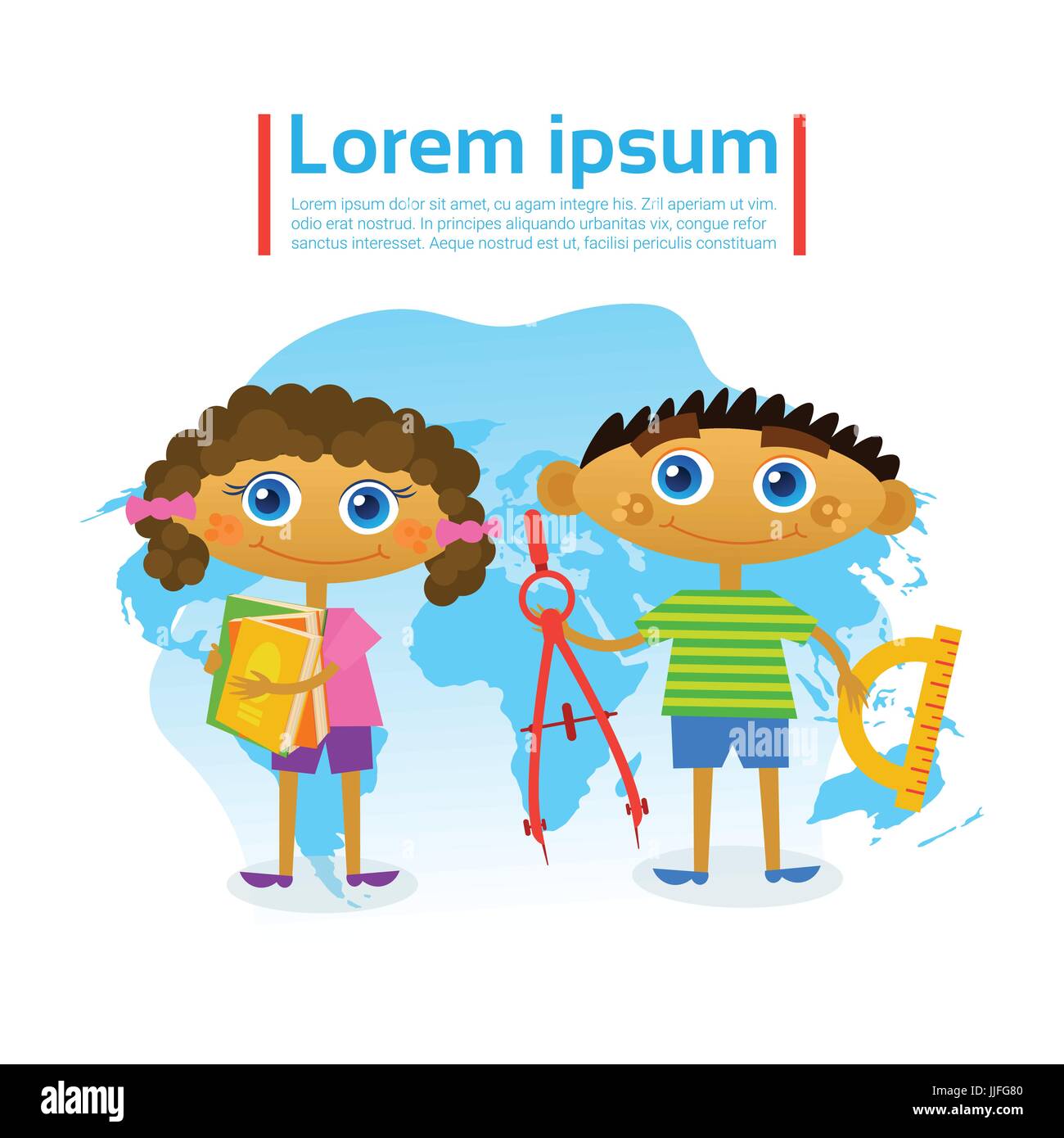 Small Kids Holding Compasses Over World Map, Children Learning ...