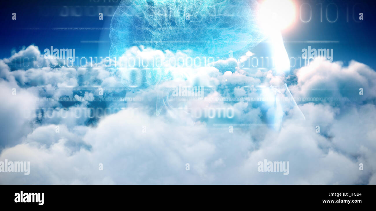 Brain interface in blue with binary code against idyllic view of bright ...