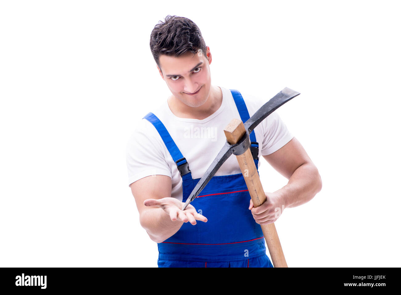 Man with a digging axe hoe on white background isolated Stock Photo - Alamy