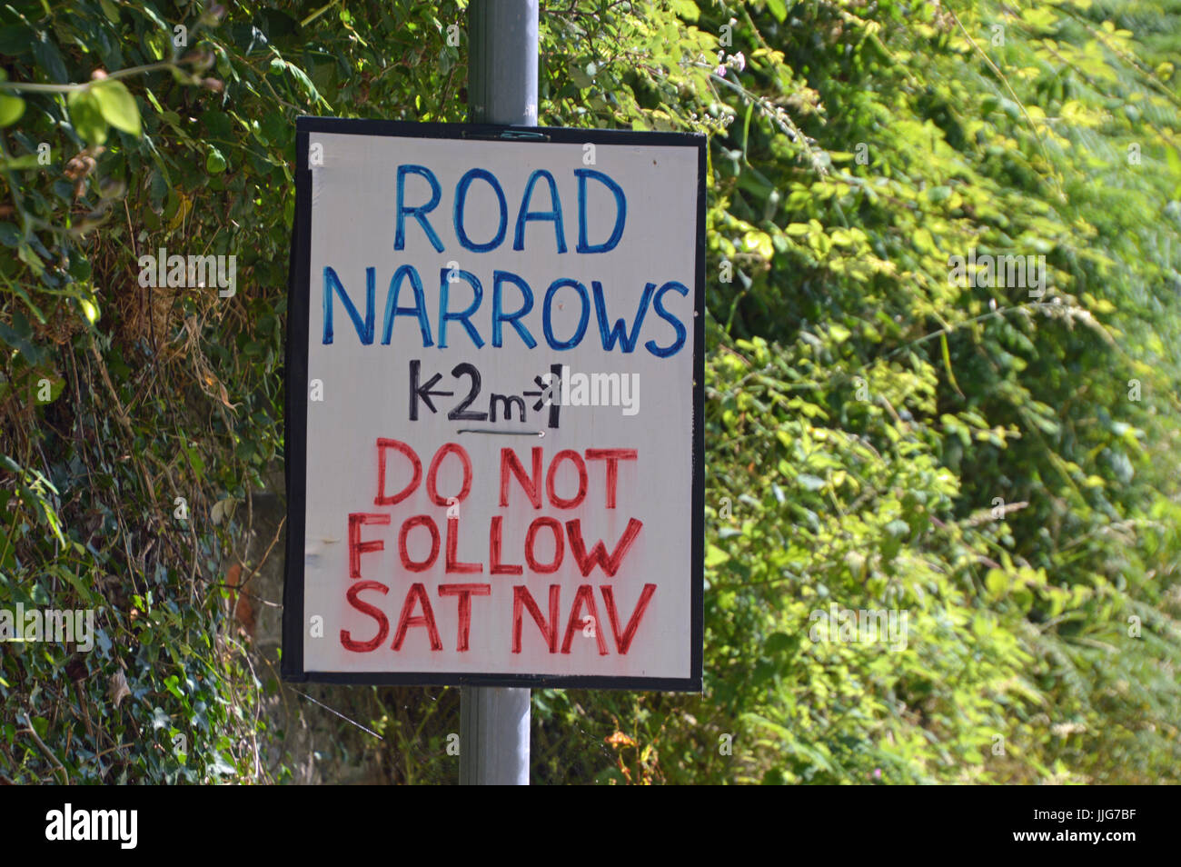 Sat Nav warning sign, narrow road, home made, Llangrannog, Ceredigion ...