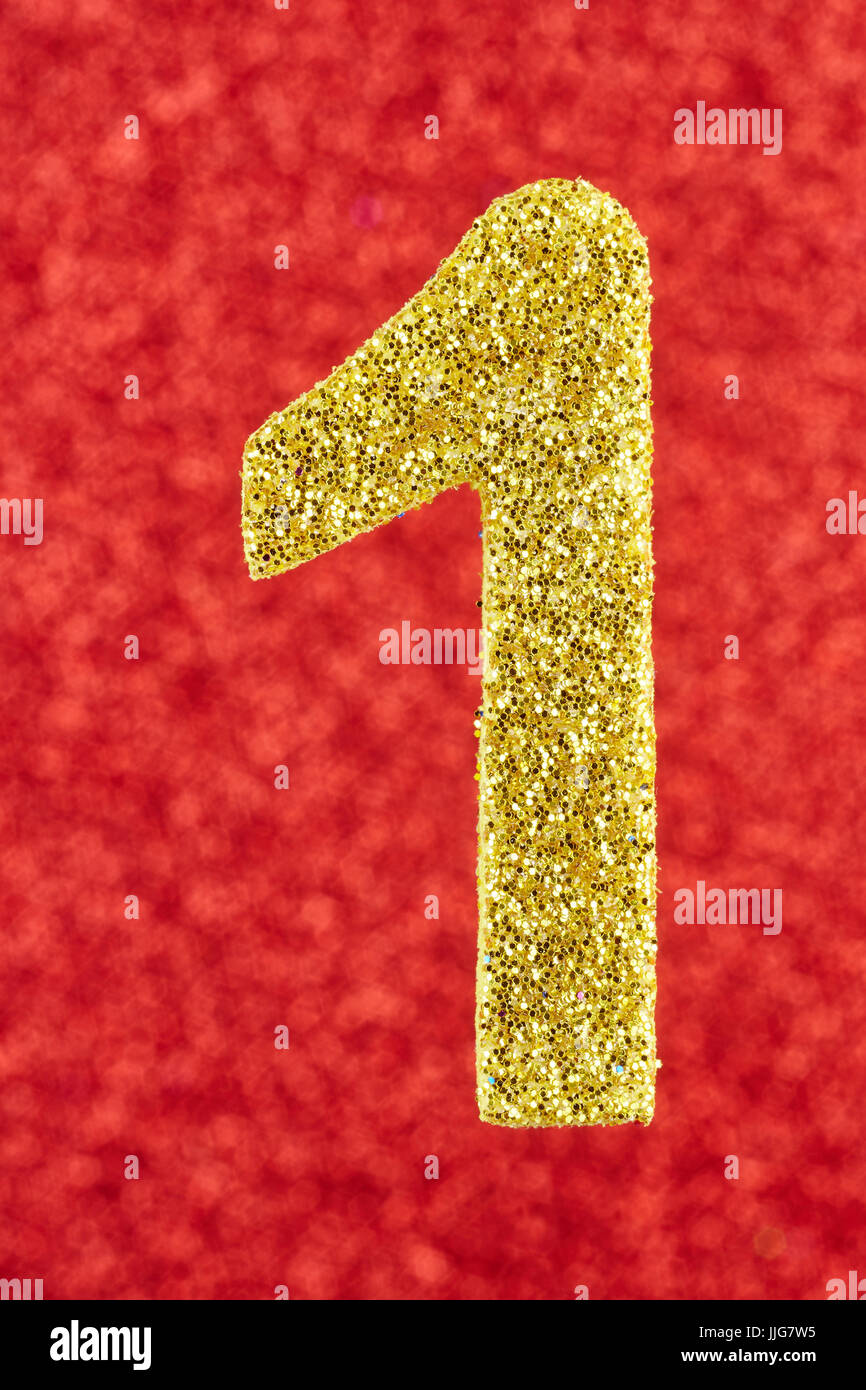 Number one golden color over a red background. Anniversary. Vertical ...