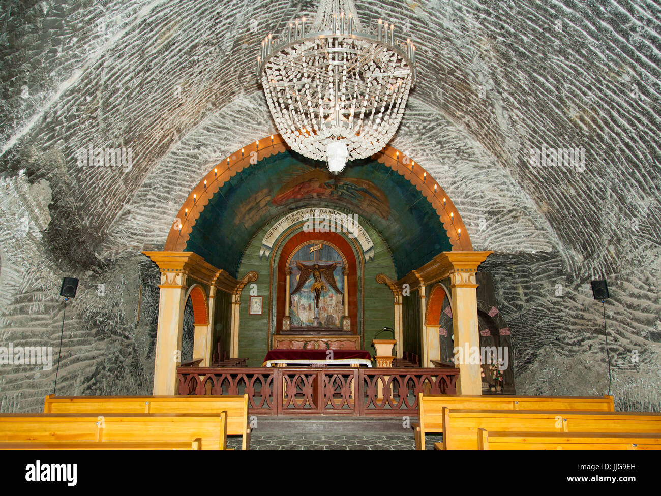 The altar of catholic chapel situated deep underground inside salt mine ...