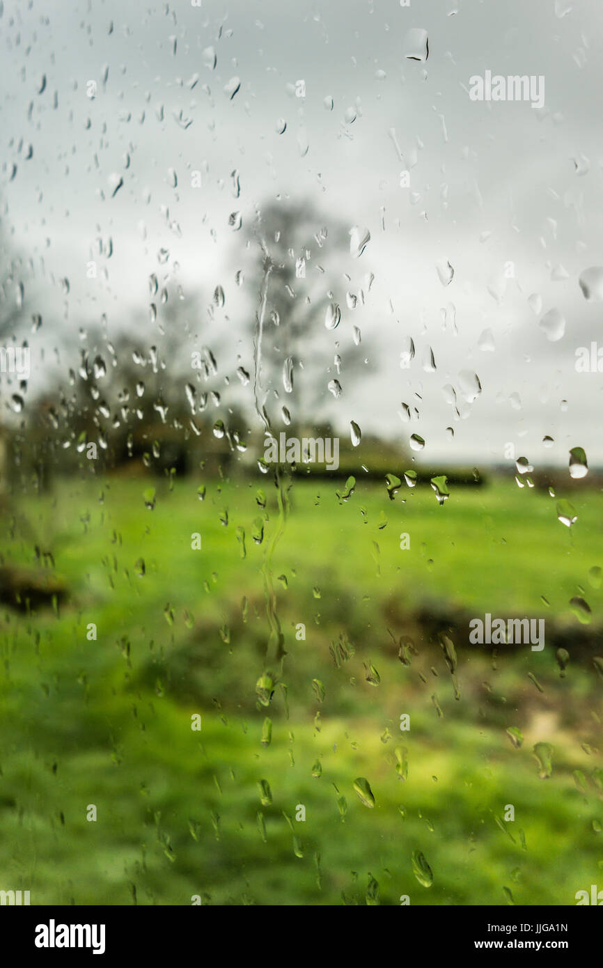Raindrops on a glass. Rain on a window with garden landscape as ...
