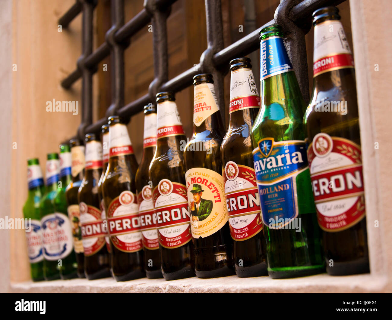 Horizontal close up view of empty Italian beer bottles Stock Photo - Alamy