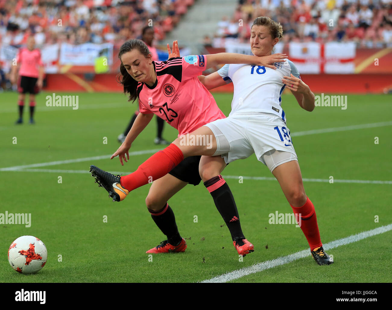 Scotland's Chloe Arthur (left) and England's Ellen White (right) battle ...