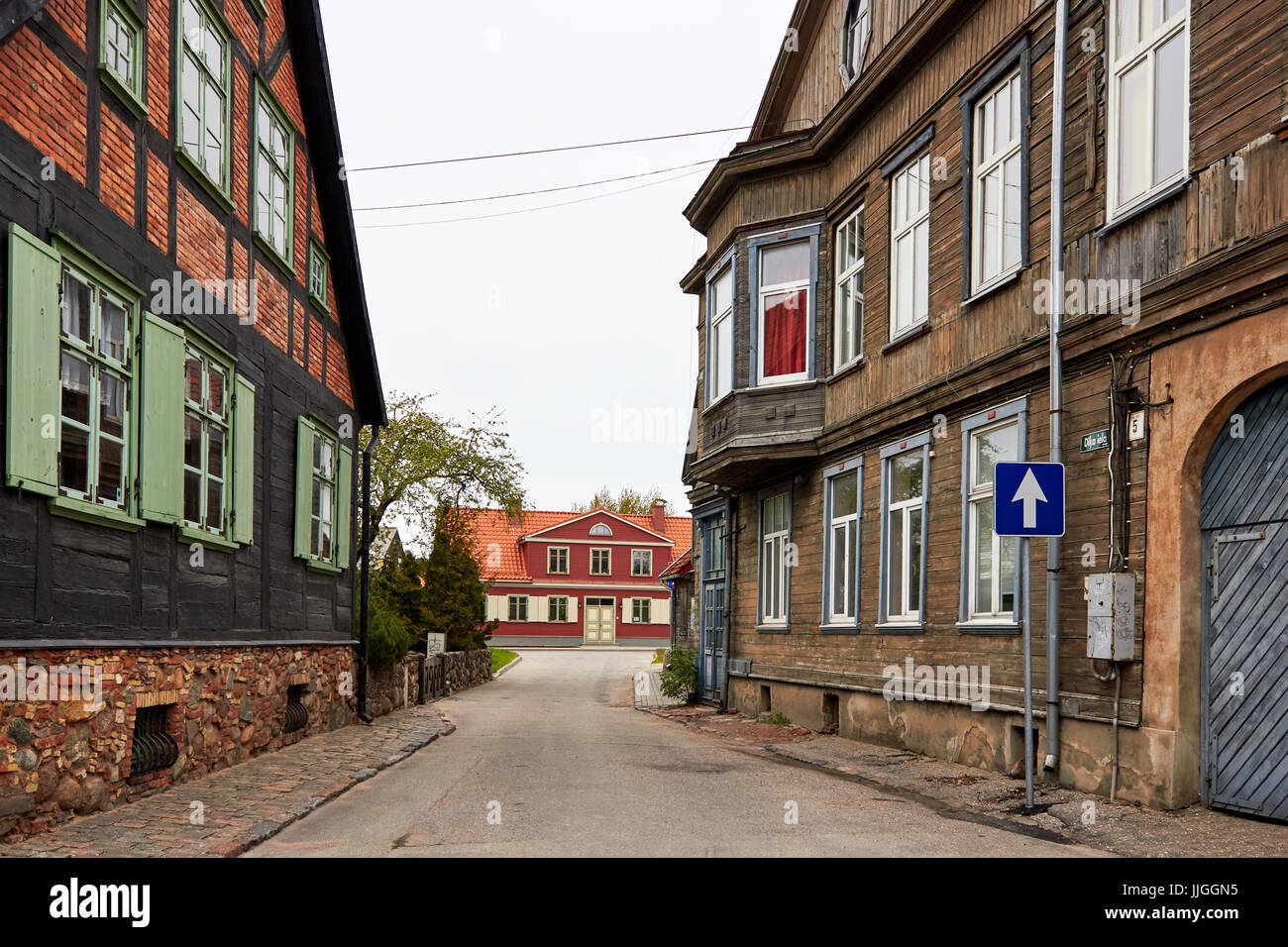 Traditional wooden building houses street in Liepaja, Latvia Stock ...