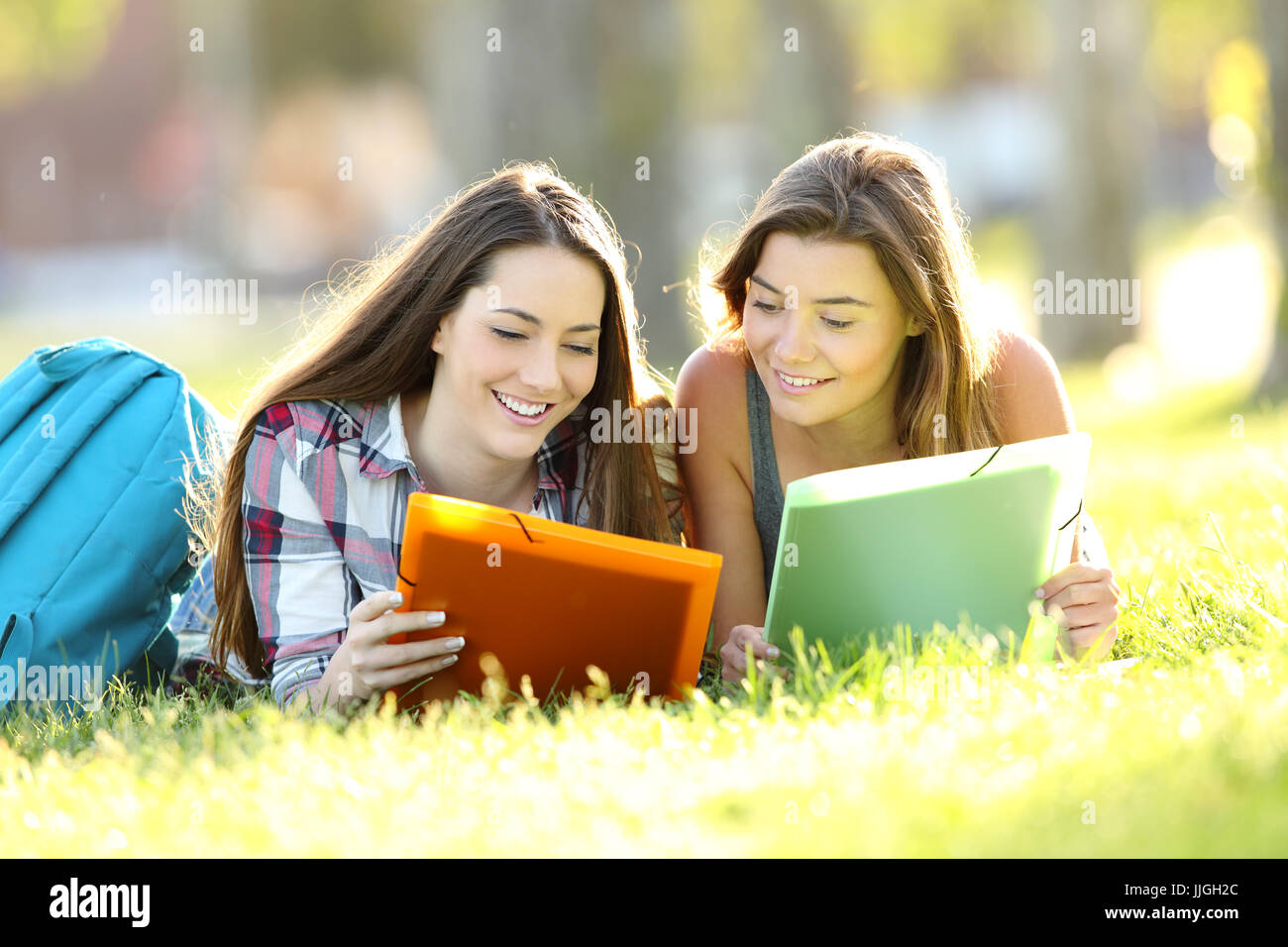 Front view of two happy students studying reading notes together lying ...